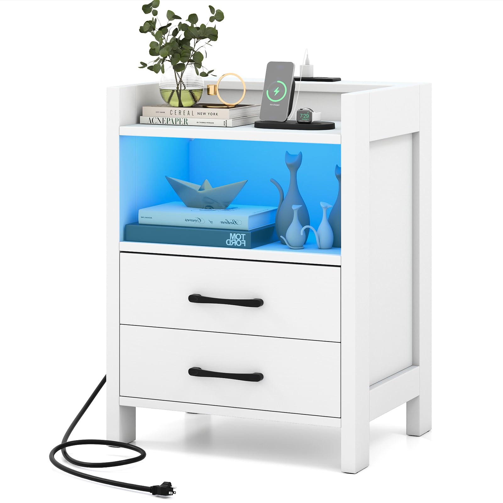 Giantex LED Nightstand with Charging Station - Bedside Table w/LED Lig ...