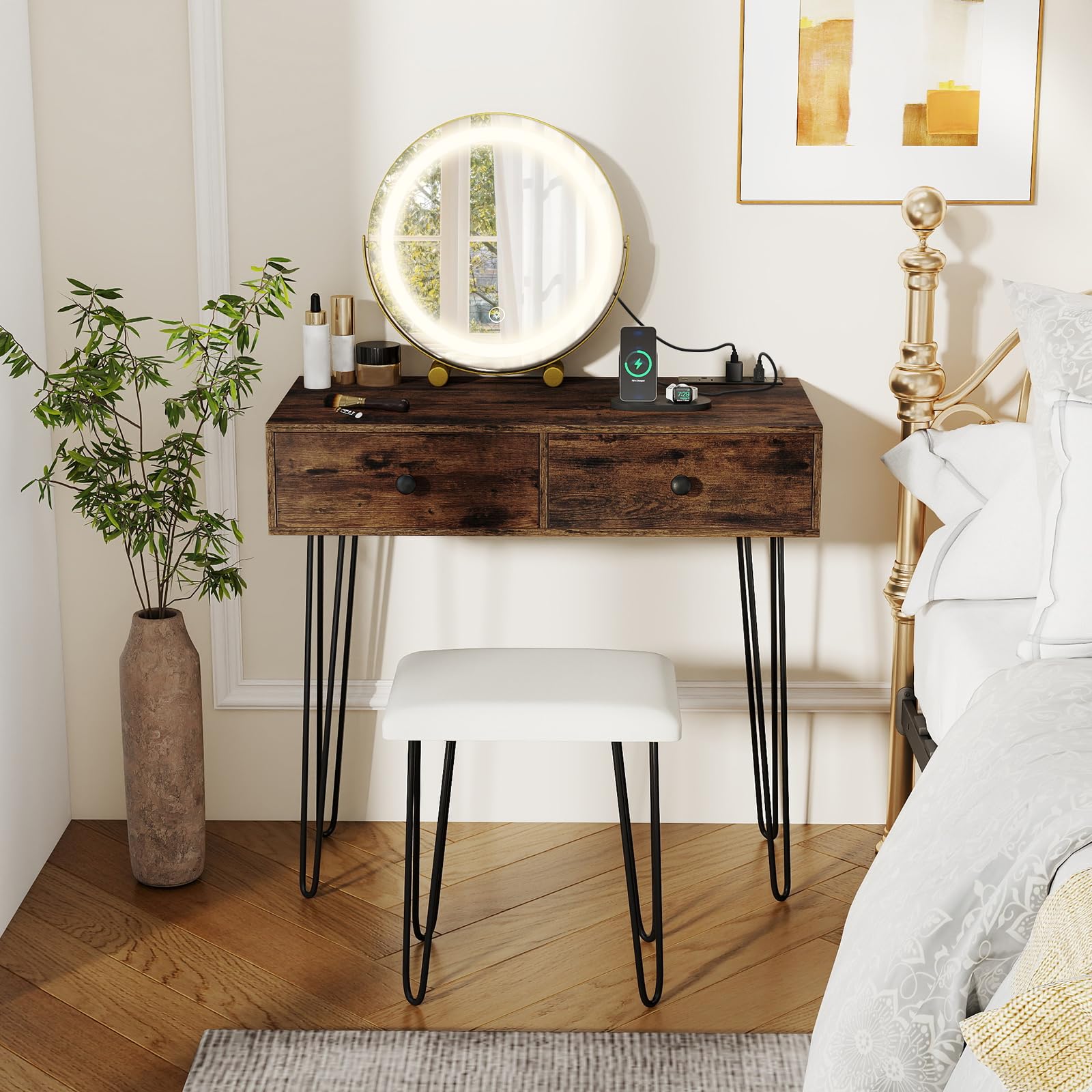 Vanity Desk with LED Lighted Mirror & Charging Station – GiantexCA