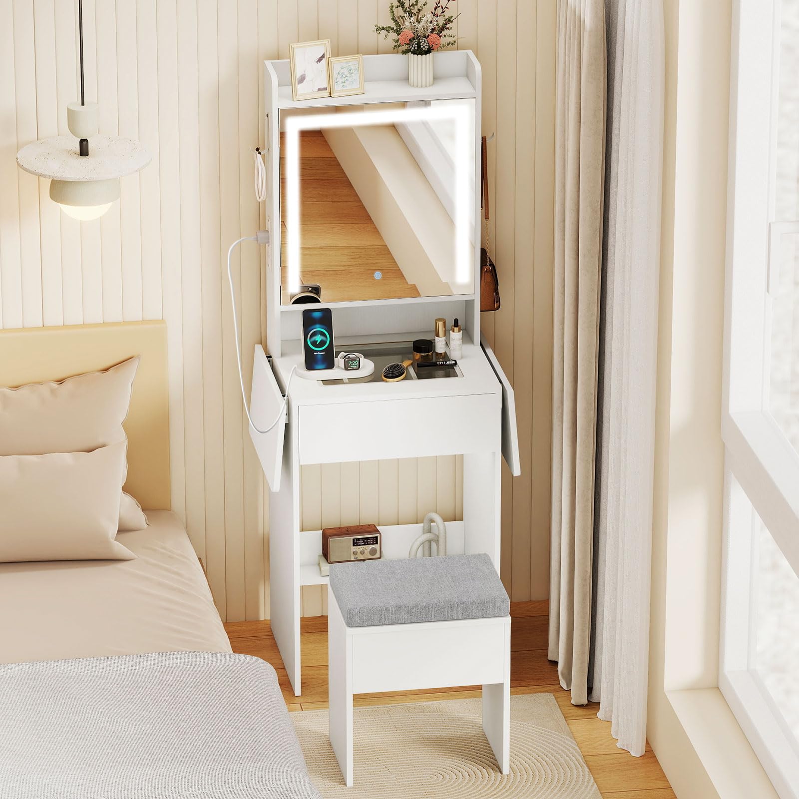 CHARMAID 20'' Girls Vanity Desk with Lighted Mirror & Charging Station ...