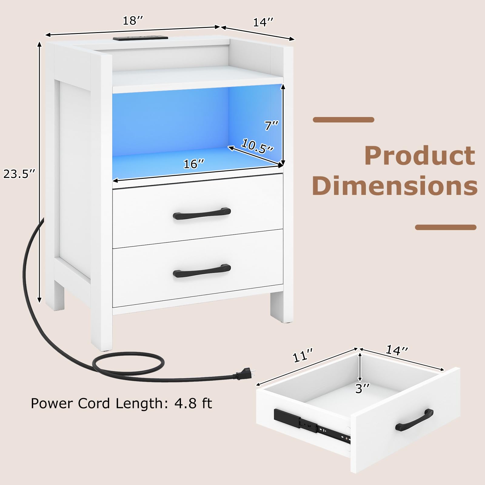 Giantex LED Nightstand with Charging Station - Bedside Table w/LED Lig ...