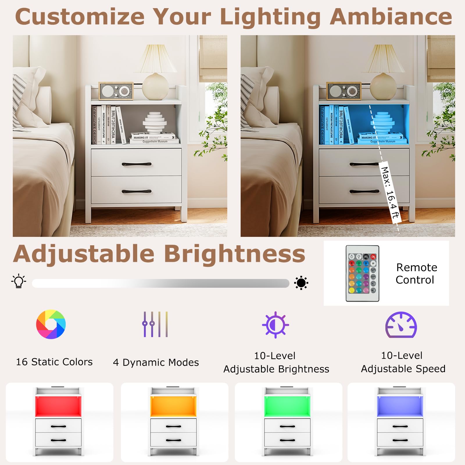 Giantex LED Nightstand with Charging Station - Bedside Table w/LED Lig ...