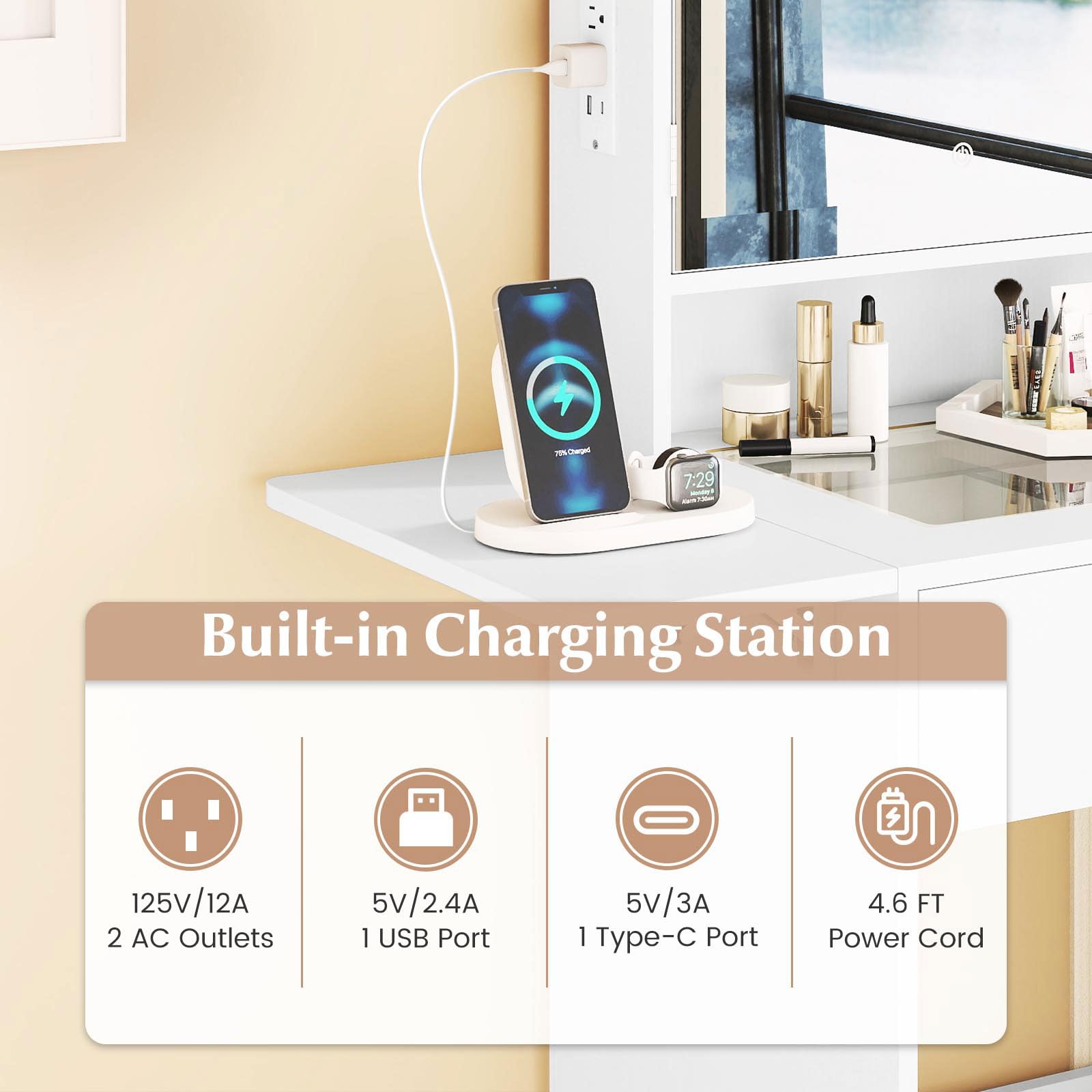 CHARMAID 20'' Girls Vanity Desk with Lighted Mirror & Charging Station ...